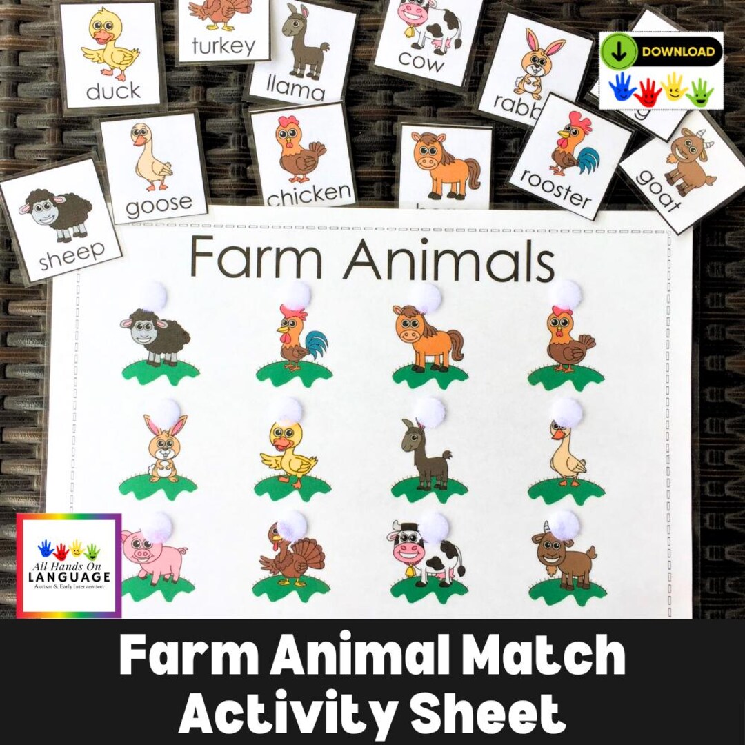 Farm Animal Matching Activity, 12 Labeled Farm Animal Pictures ...