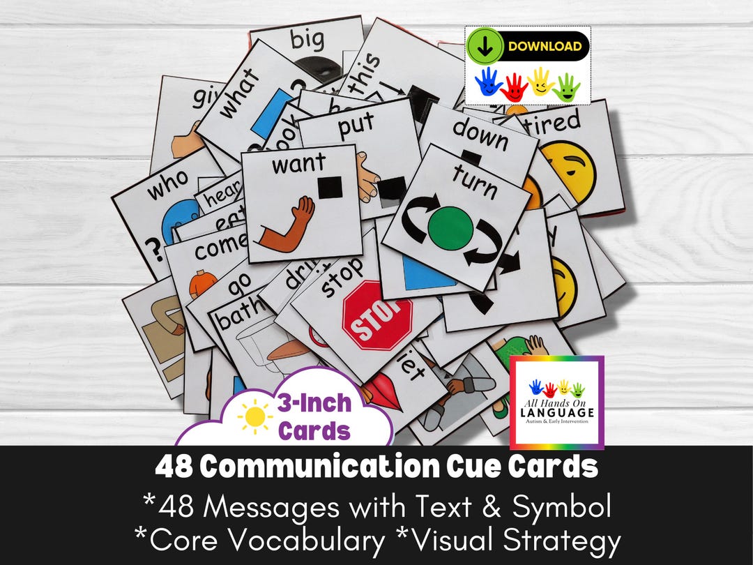 Core Vocabulary Cue Cards, 48 Words + Pictures on 3-inch Cards, Aided ...
