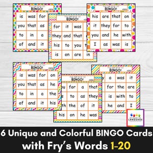 Fry's Sight Words 1-20 Bingo Game, 6 Bingo Cards, 20 Word Calling Cards ...