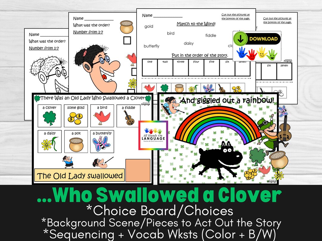 Old Lady Who Swallowed a Clover Story Companion Activities, Sentence ...