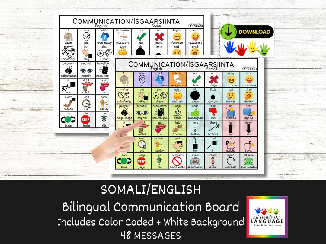 Bilingual Somali English Communication Board 48, Aided-language, AAC ...