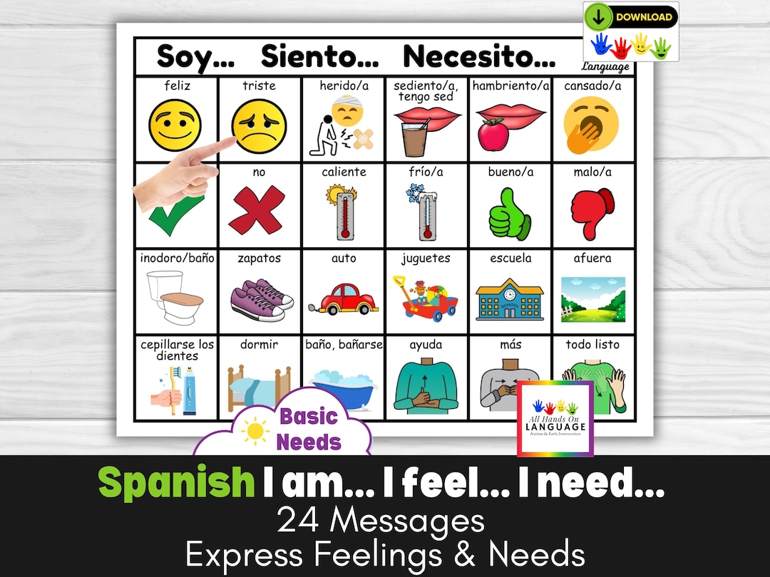 Spanish I Am. I Feel. I Need. Communication Board, 24 Messages to ...