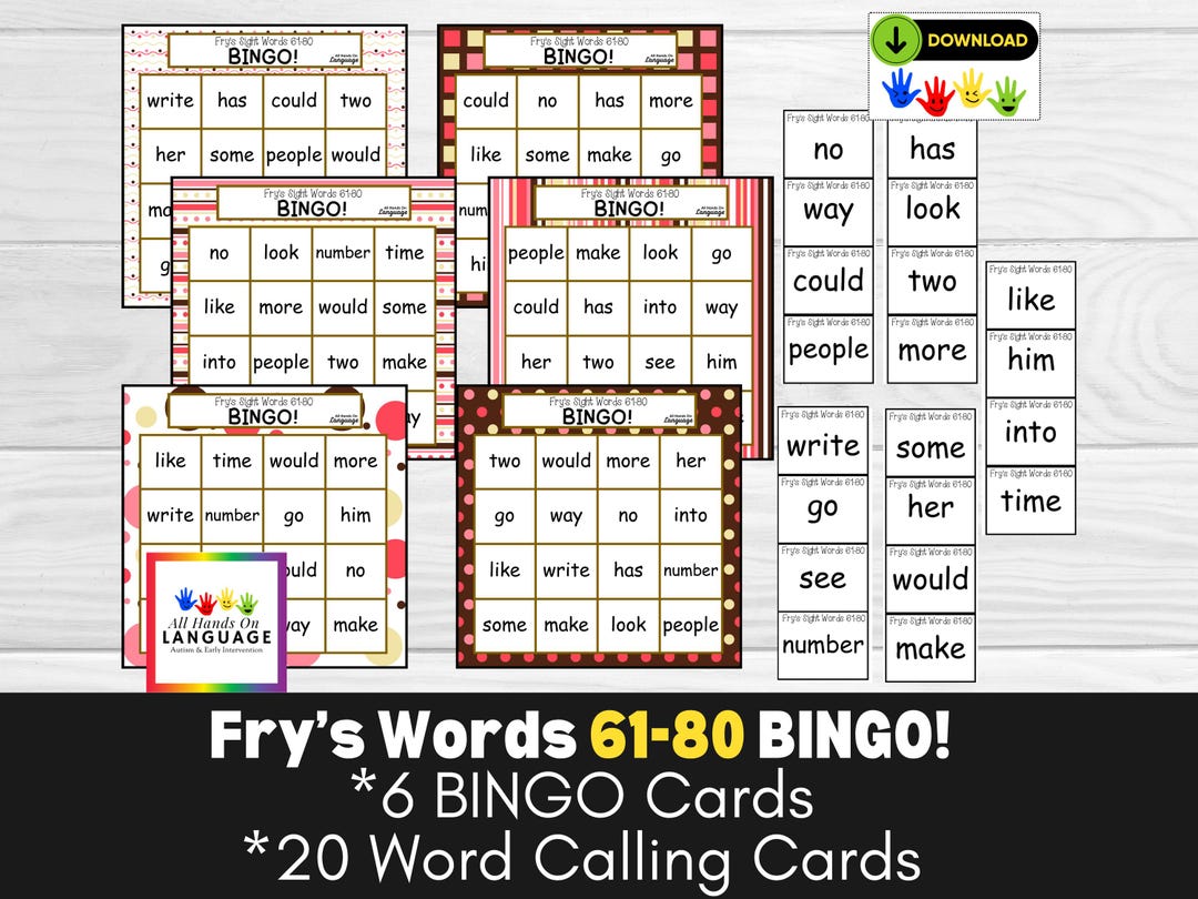 Fry's Sight Words 61-80 Bingo Game, 6 Bingo Cards, 20 Word Calling ...