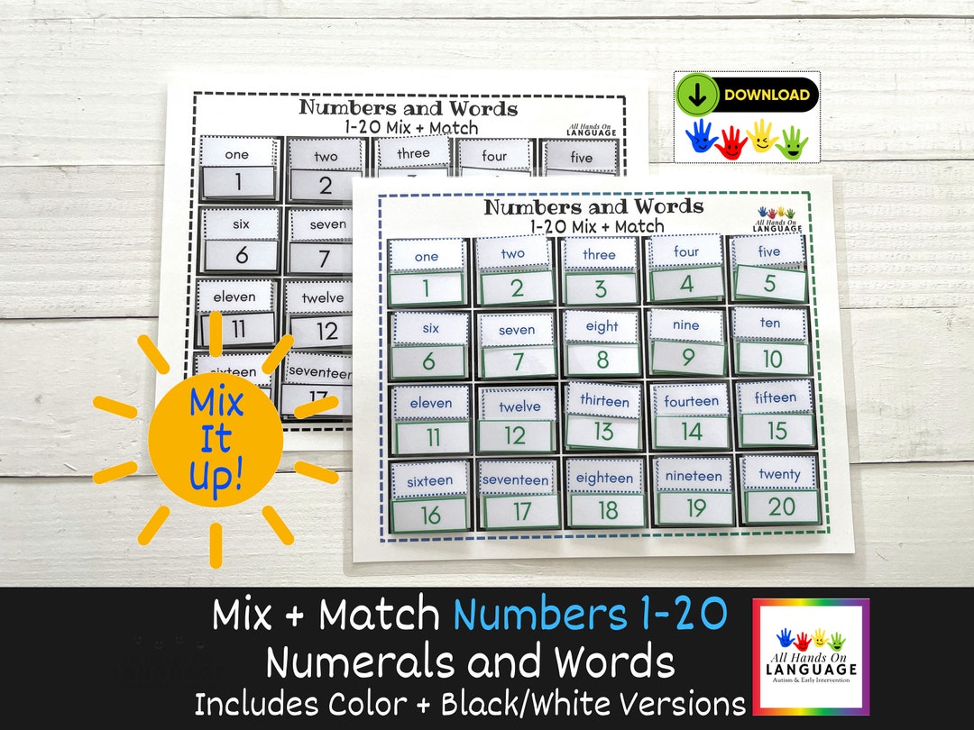 Numbers 1-20 Mix Match Numerals and Words, Includes Color Black/white ...