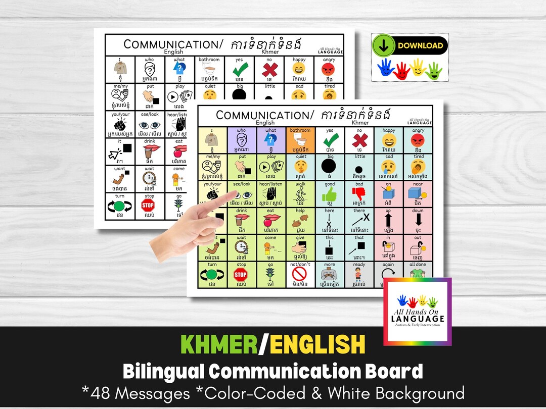 Bilingual Khmer + English Communication Board 48, Aided-language, AAC ...