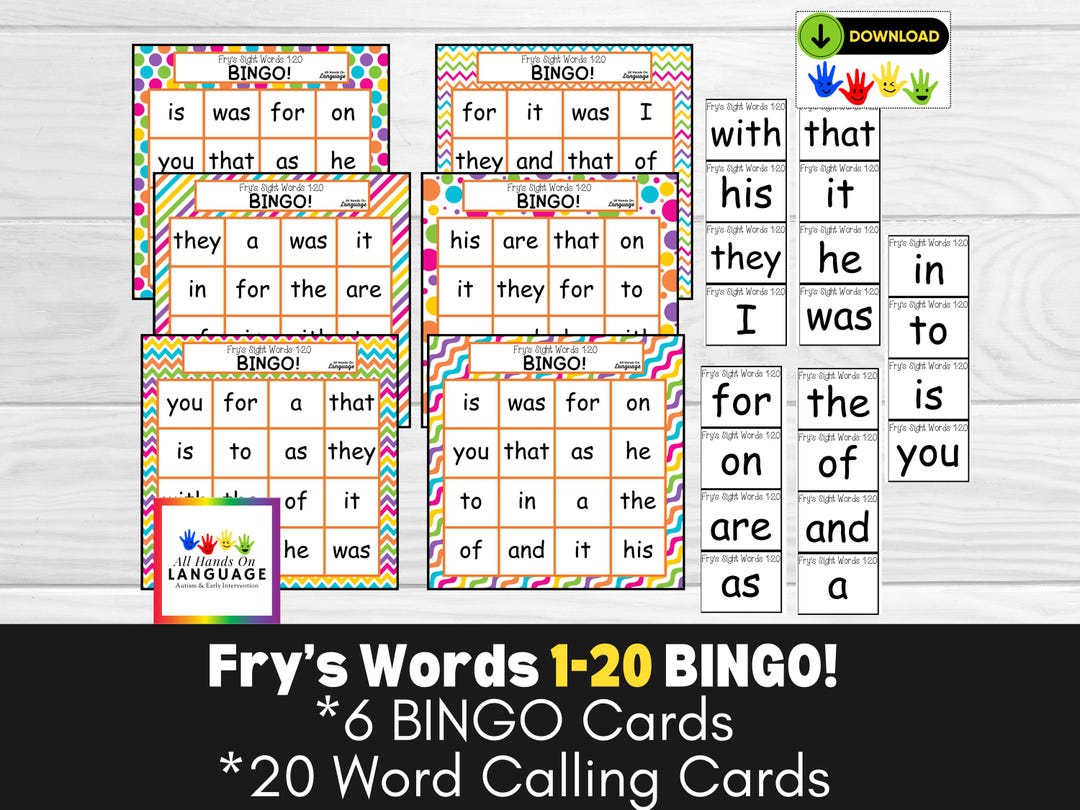 Fry's Sight Words 1-20 Bingo Game, 6 Bingo Cards, 20 Word Calling Cards ...