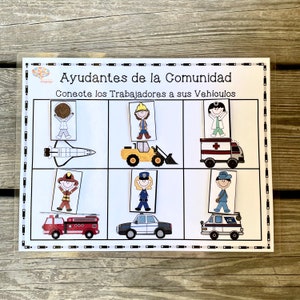 Spanish Community Helpers and Vehicles Matching Activity, Ayudantes De ...