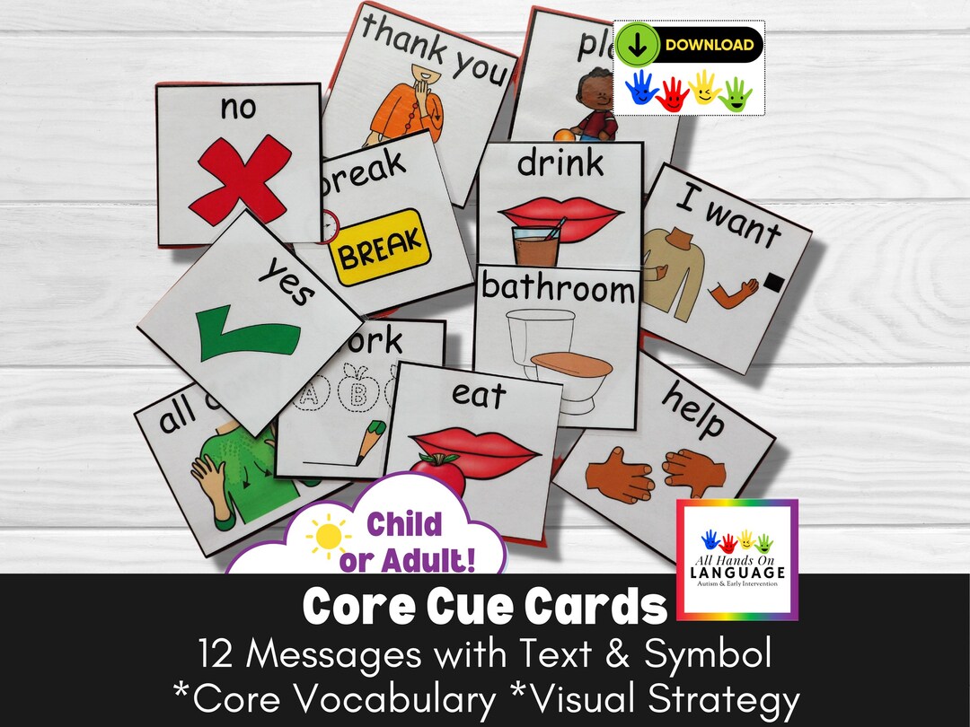 Communication Cue Cards, 12 Core Vocabulary Words, 3 Inch, Aided ...