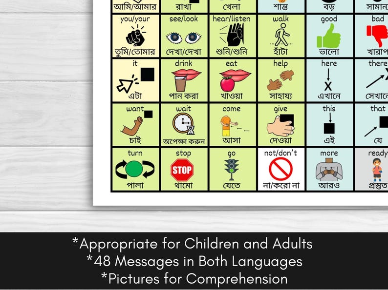 Bilingual Bengali English Communication Board: AAC, ESL (PDF Printable ...