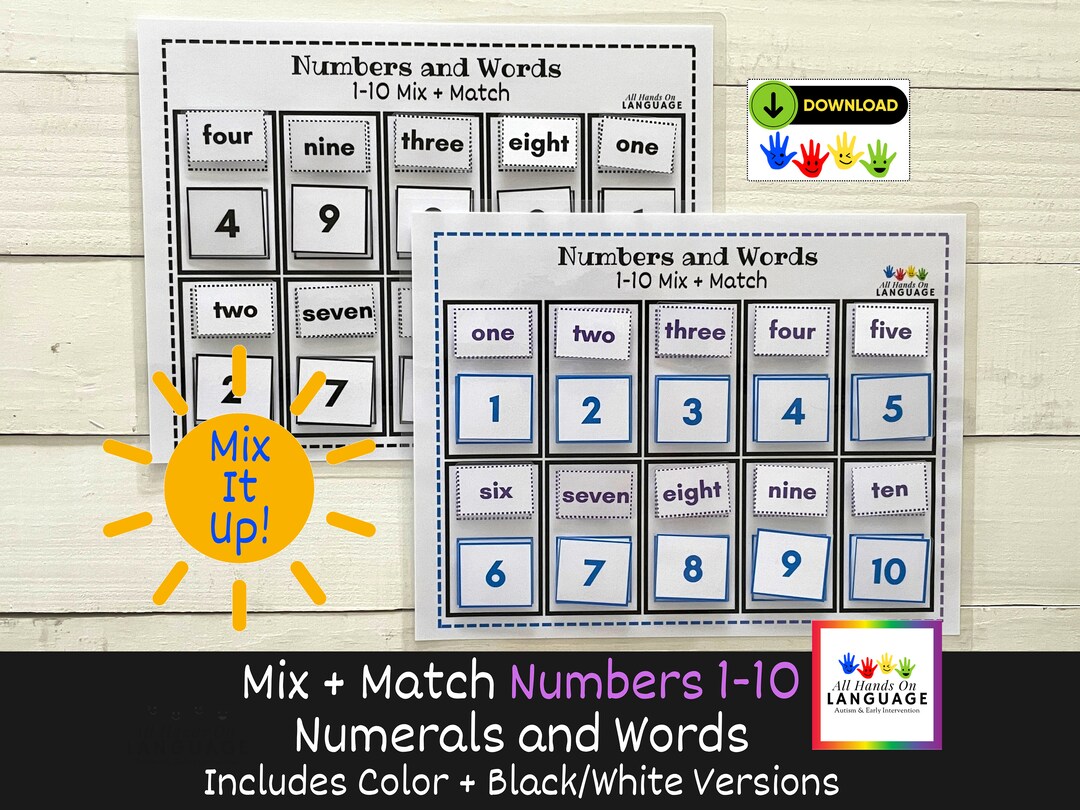 Numbers 1-10 Mix Match Numerals and Words, Includes Color Black/white ...