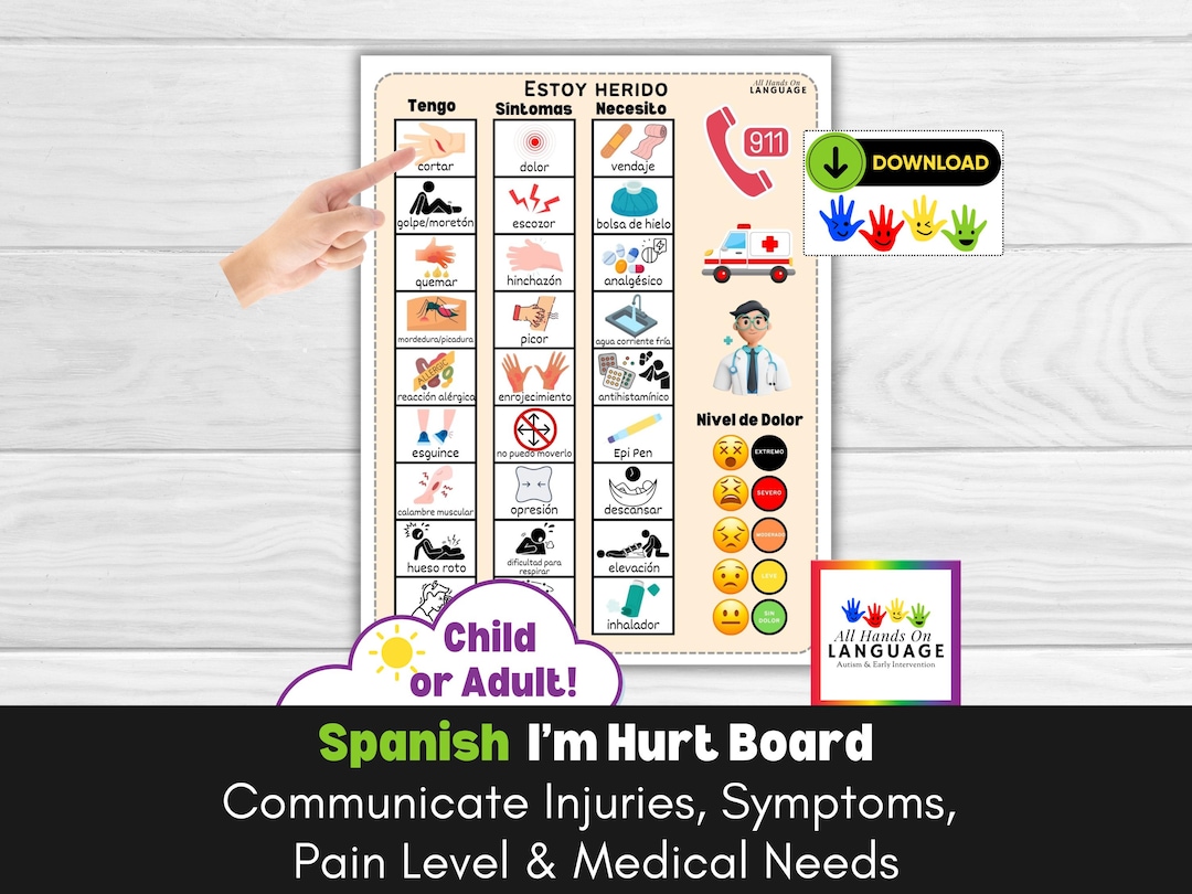 Spanish I'm Hurt Communication Board: Autism, Aphasia, Apraxia AAC (PDF ...