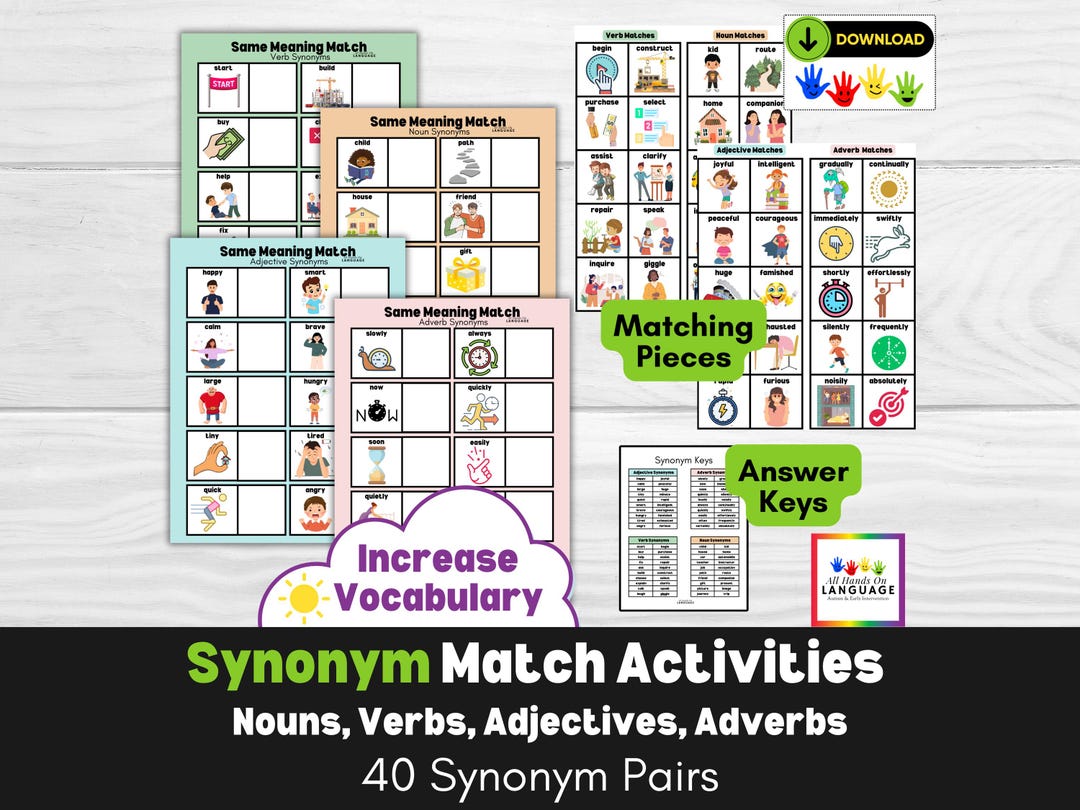 Set of 4 Interactive Synonym Matching Activity Sheets, 10 Synonym Pairs ...