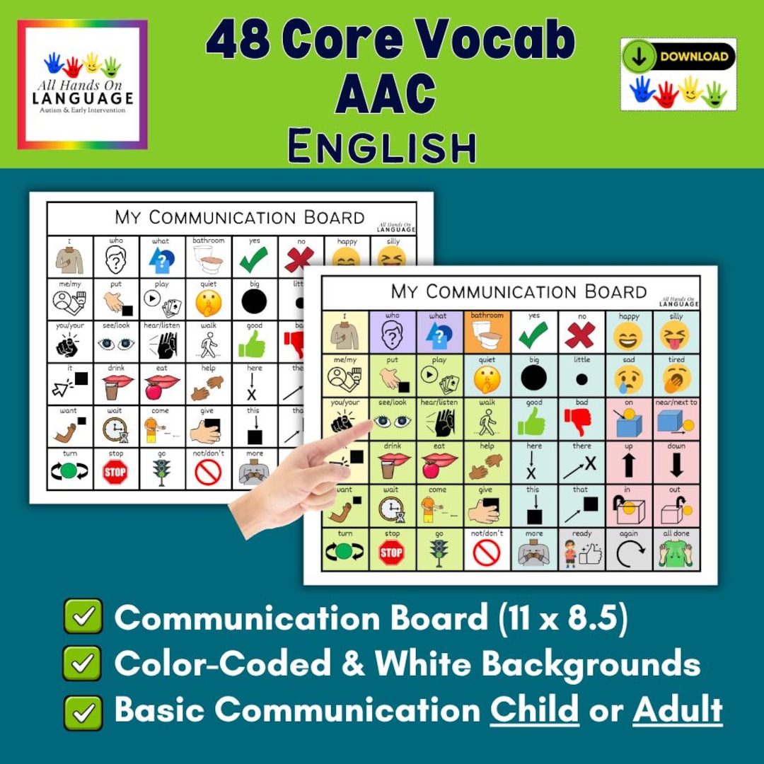 Core Communication Board: 48 Vocabulary Words, Color Coded + White ...