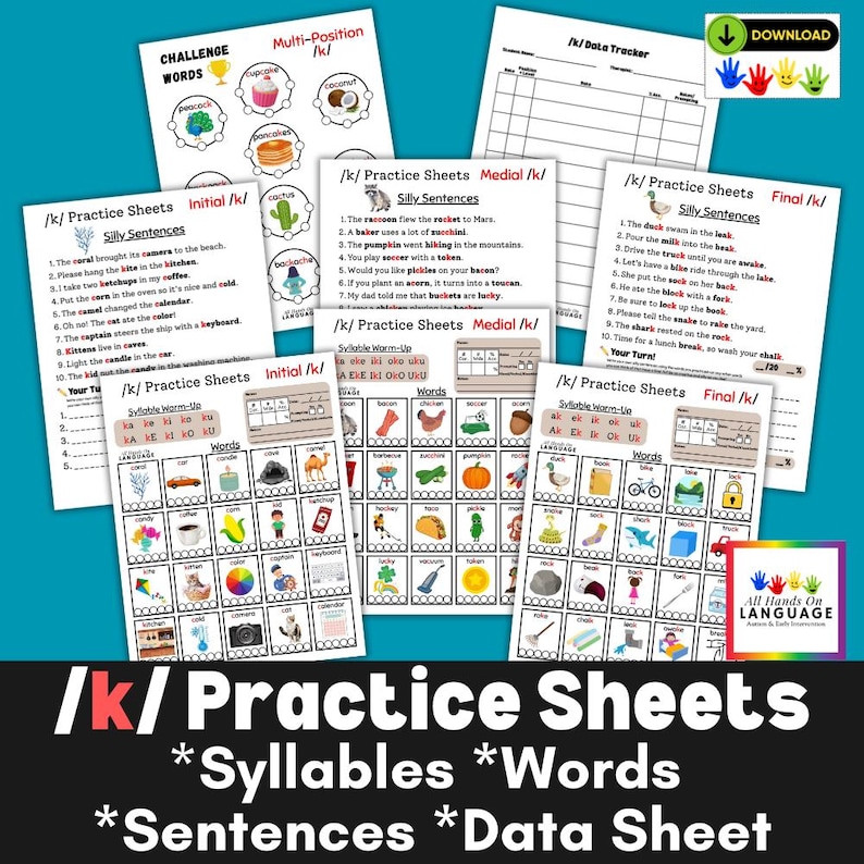 K/ Articulation Practice Sheets - Speech Therapy Materials (PDF ...