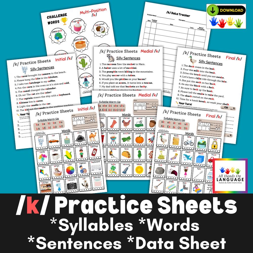 K/ Articulation Practice Sheets - Speech Therapy Materials (PDF ...