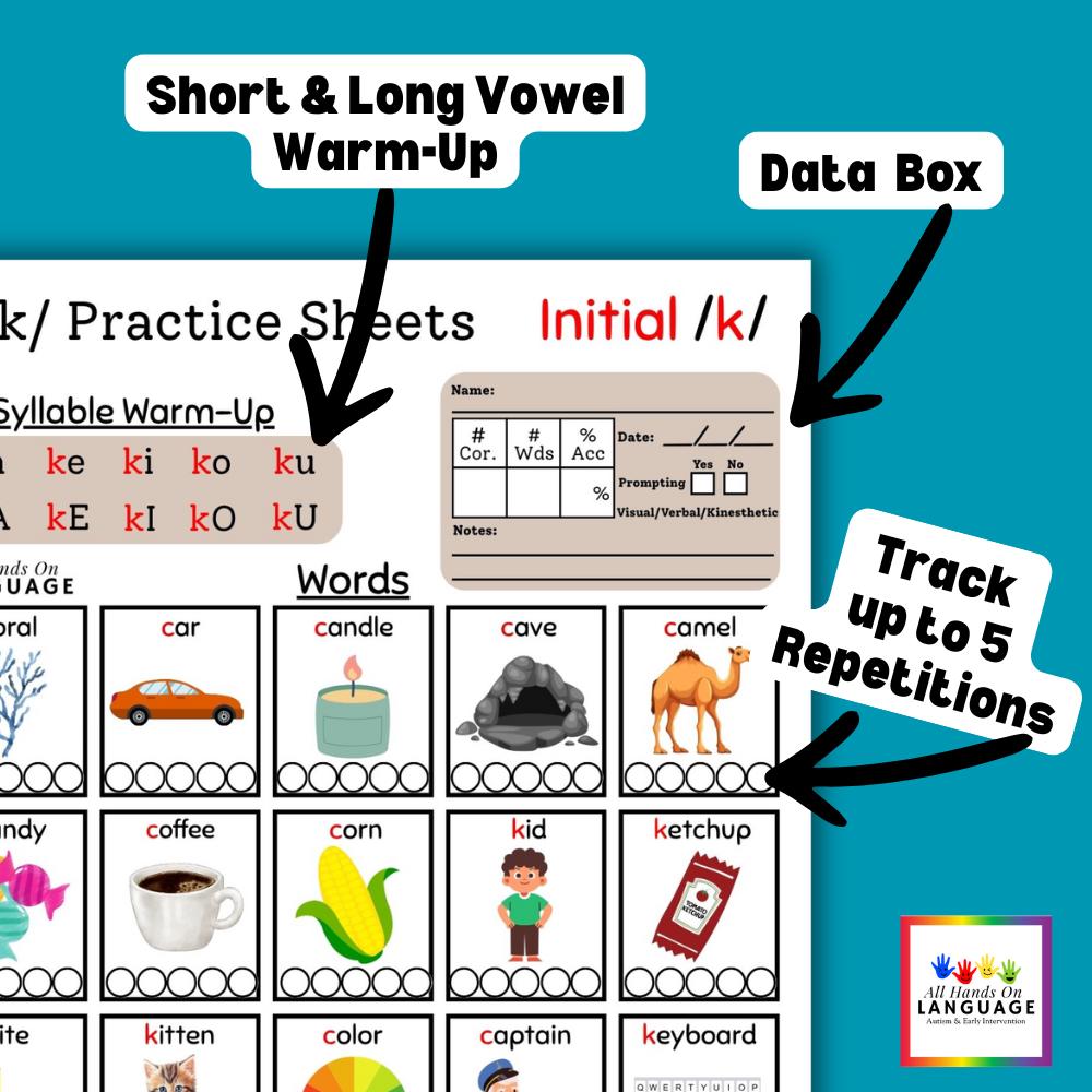 K/ Articulation Practice Sheets - Speech Therapy Materials (PDF ...