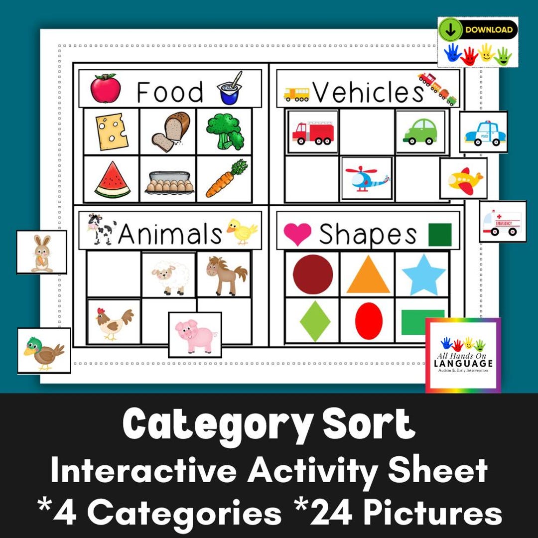 Category Sort Activity, 4 Categories-24 Pictures, Food, Animals ...