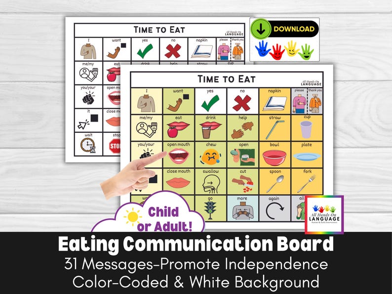 Time to Eat Communication Board 30, Color Coded Words, Aided-language ...