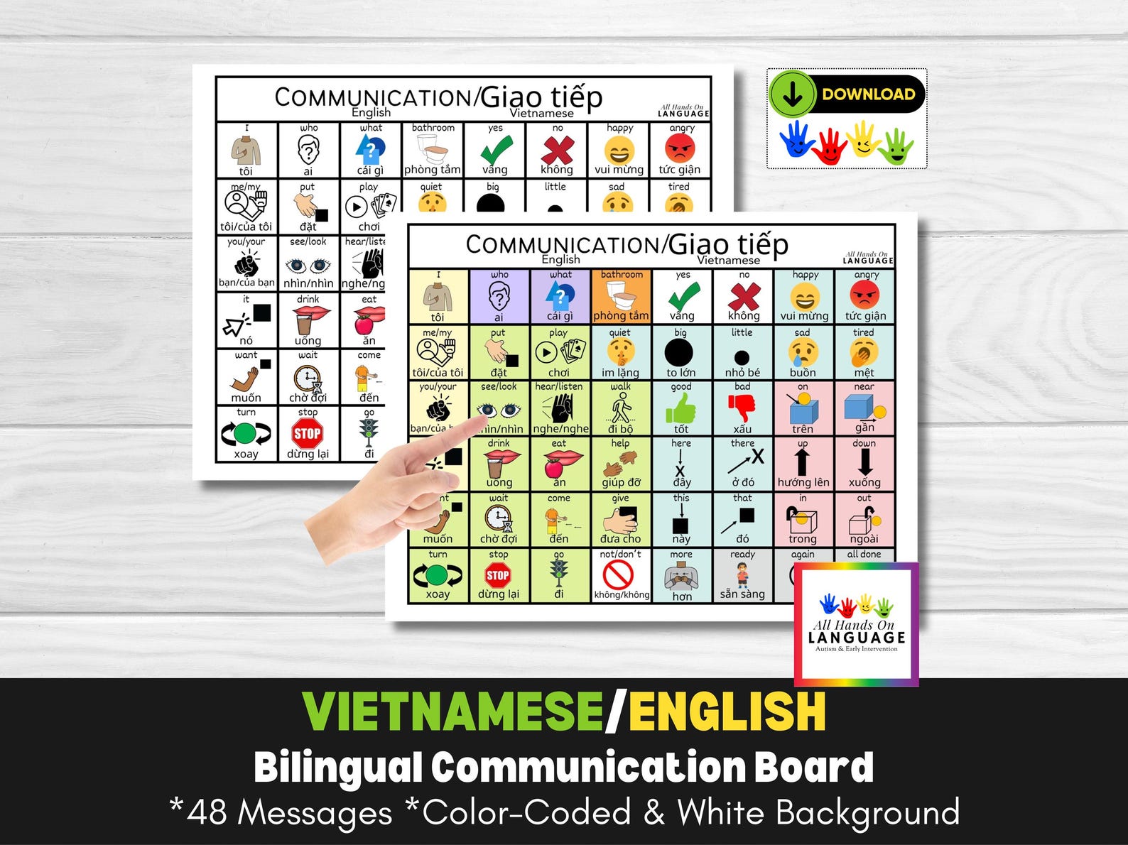 Bilingual Vietnamese English Communication Board: 48 AAC, ESL (PDF ...