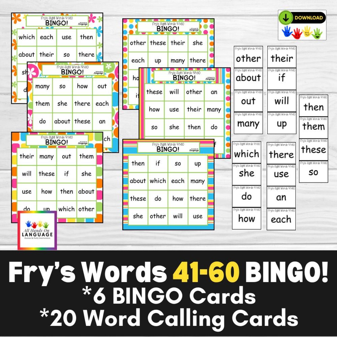 Fry Sight Words 41-60 Bingo Game: Gradeschool Learning (printable PDF ...