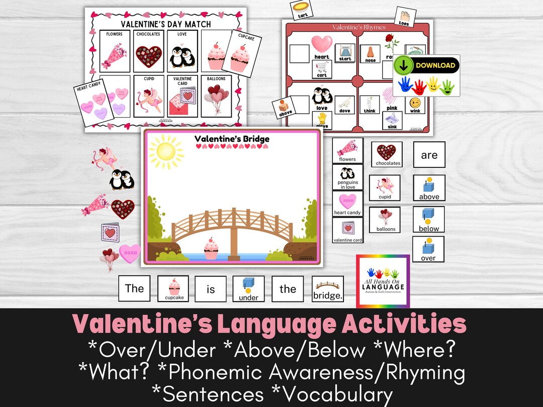 Valentine's Day Language Activity Set: Vocabulary, Prepositions, Make ...