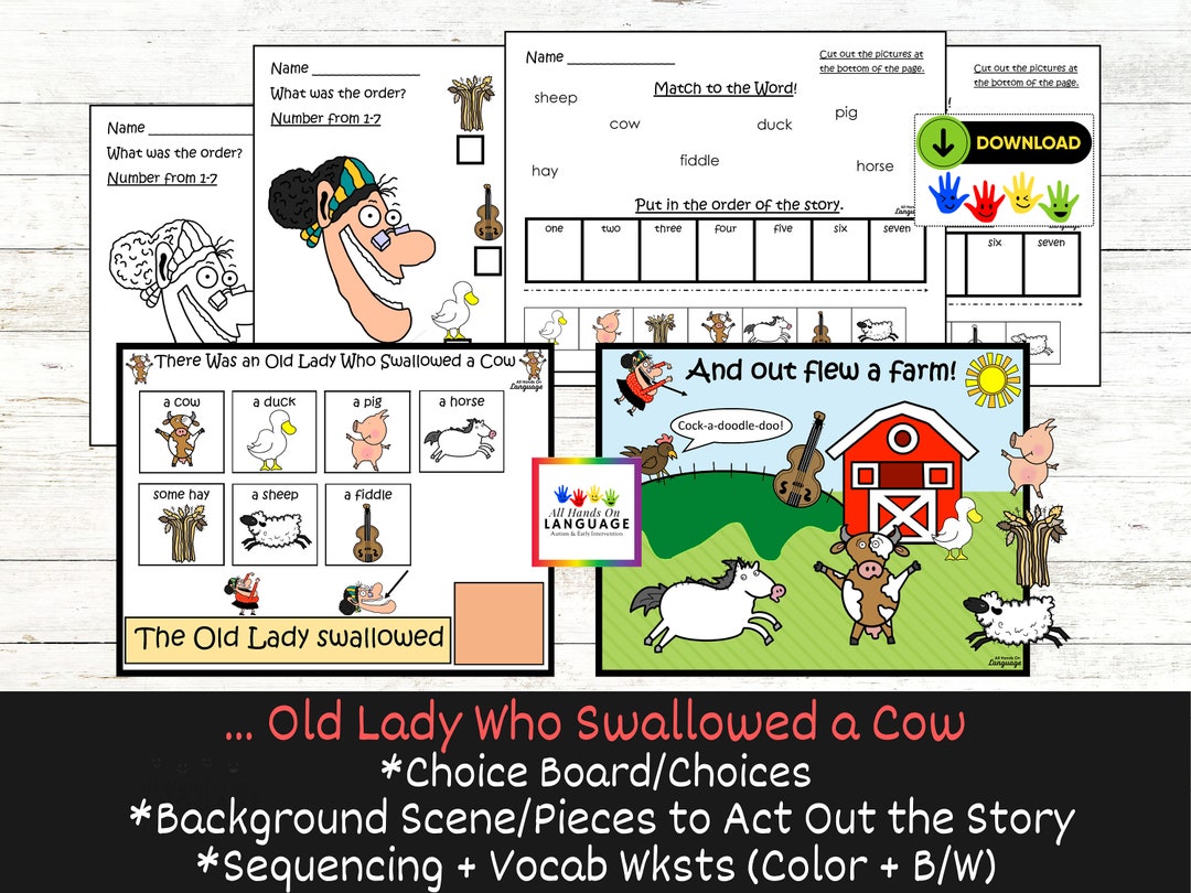 Old Lady Who Swallowed a Cow Story Companion Activities, Sentence ...