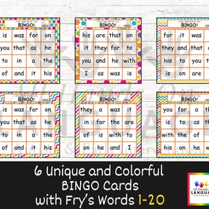 Fry's Sight Words 1-20 Bingo Game, 6 Bingo Cards, 20 Word Calling Cards ...