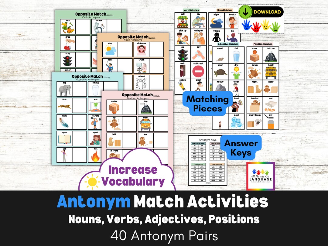 Set of 4 Interactive Antonym Matching Activity Sheets, 10 Opposite ...