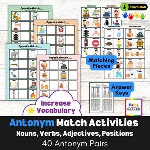 Set of 4 Interactive Antonym Matching Activity Sheets, 10 Opposite ...