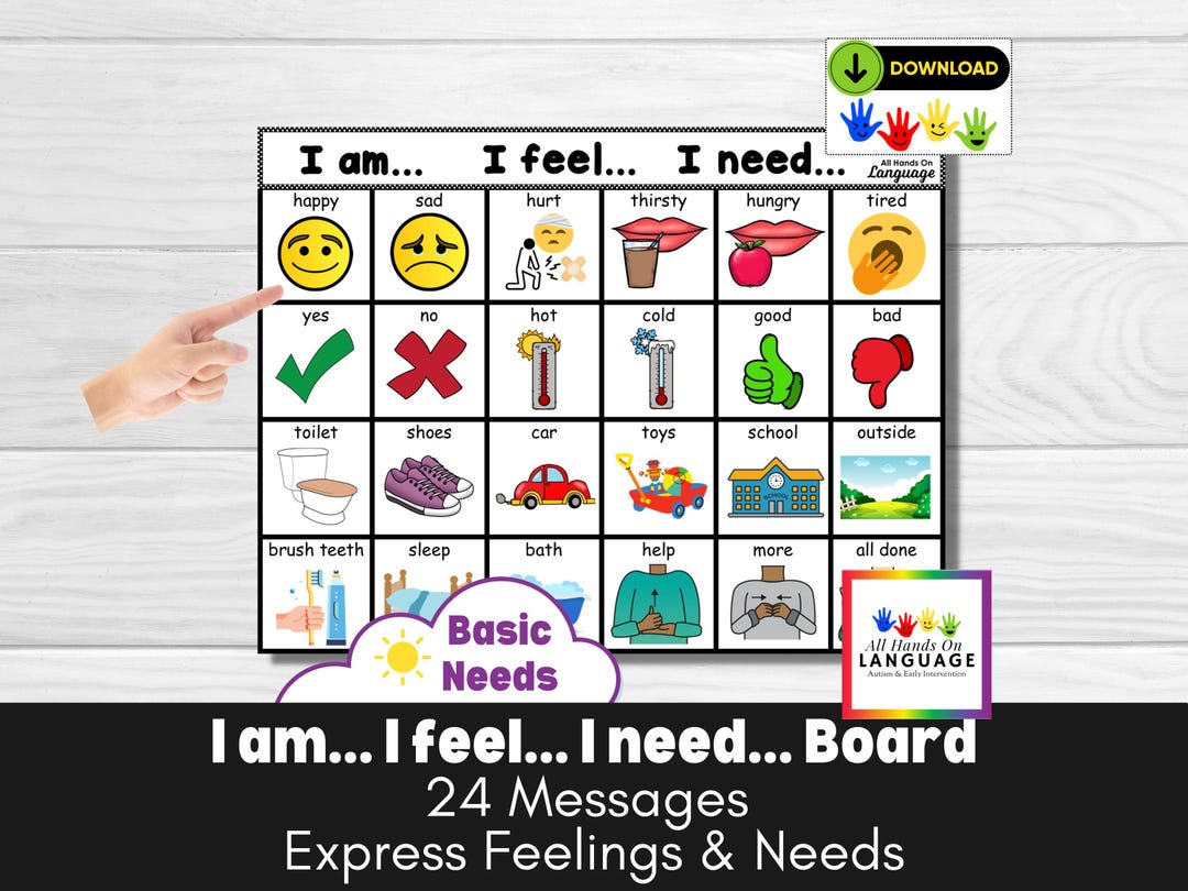 I Am. I Feel. I Need. Communication Board, 24 Messages to Express Basic ...