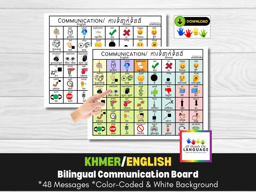 Bilingual Khmer English Communication Board 48, Aided-language, AAC ...