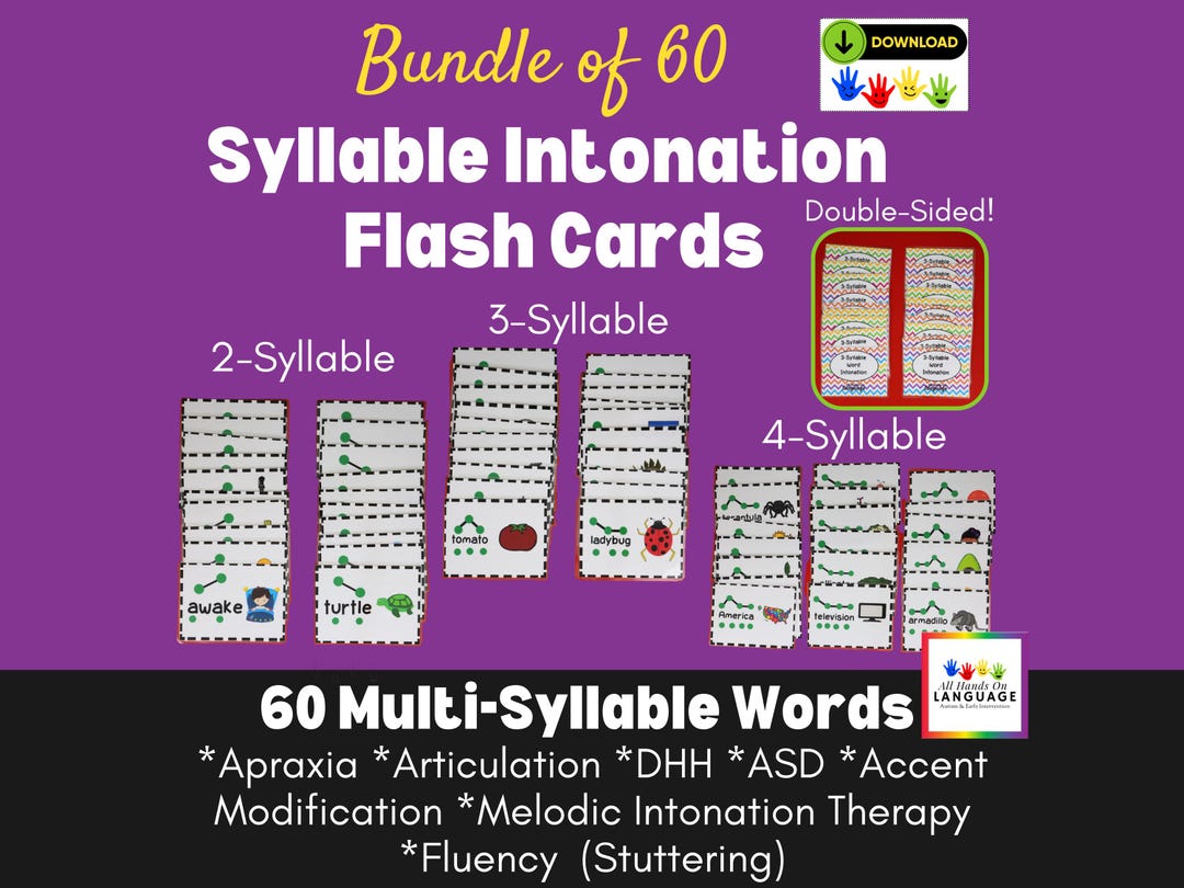 BUNDLE 60 Flashcard Set of 2, 3, and 4 Syllable Words With Intonation ...