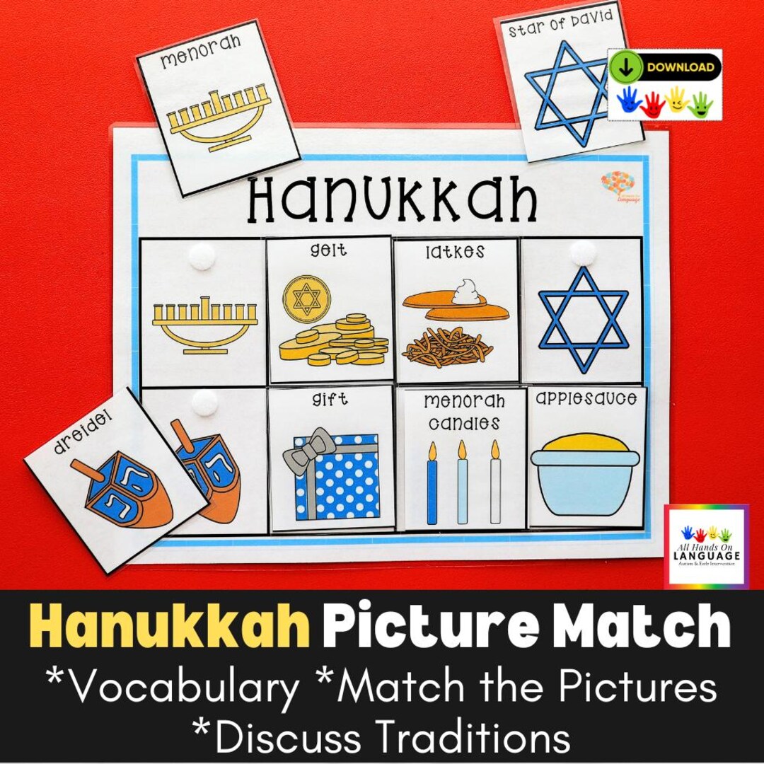 Hanukkah Matching Activity Sheet, 8 Labeled Pictures, Jewish Holiday ...