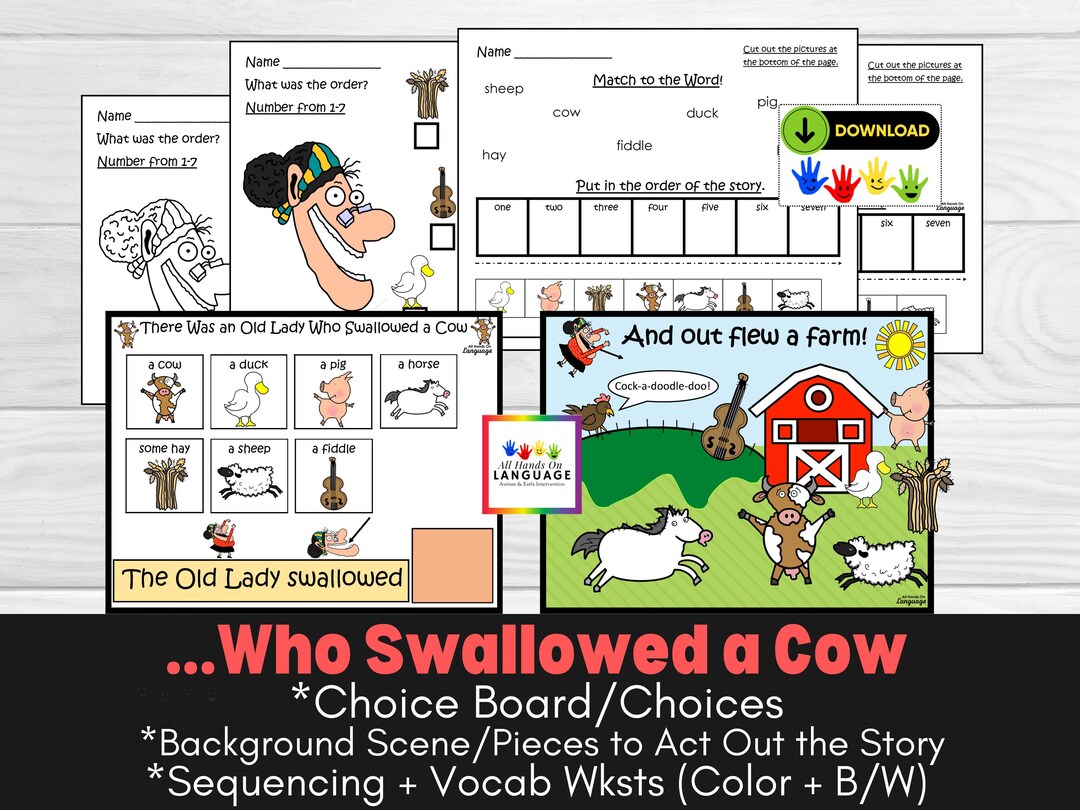 Old Lady Who Swallowed a Cow Story Companion Activities, Sentence ...