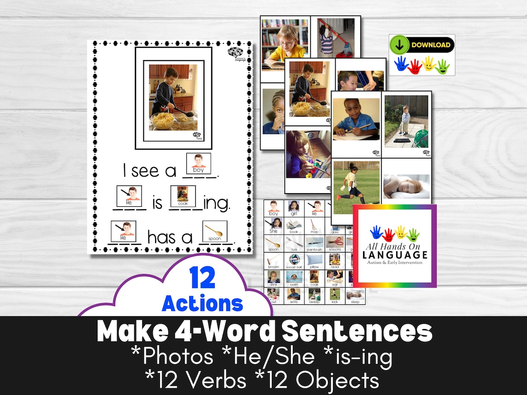 Verb Photo Flashcards: Sentence Building, Speech Therapy (PDF Printable ...