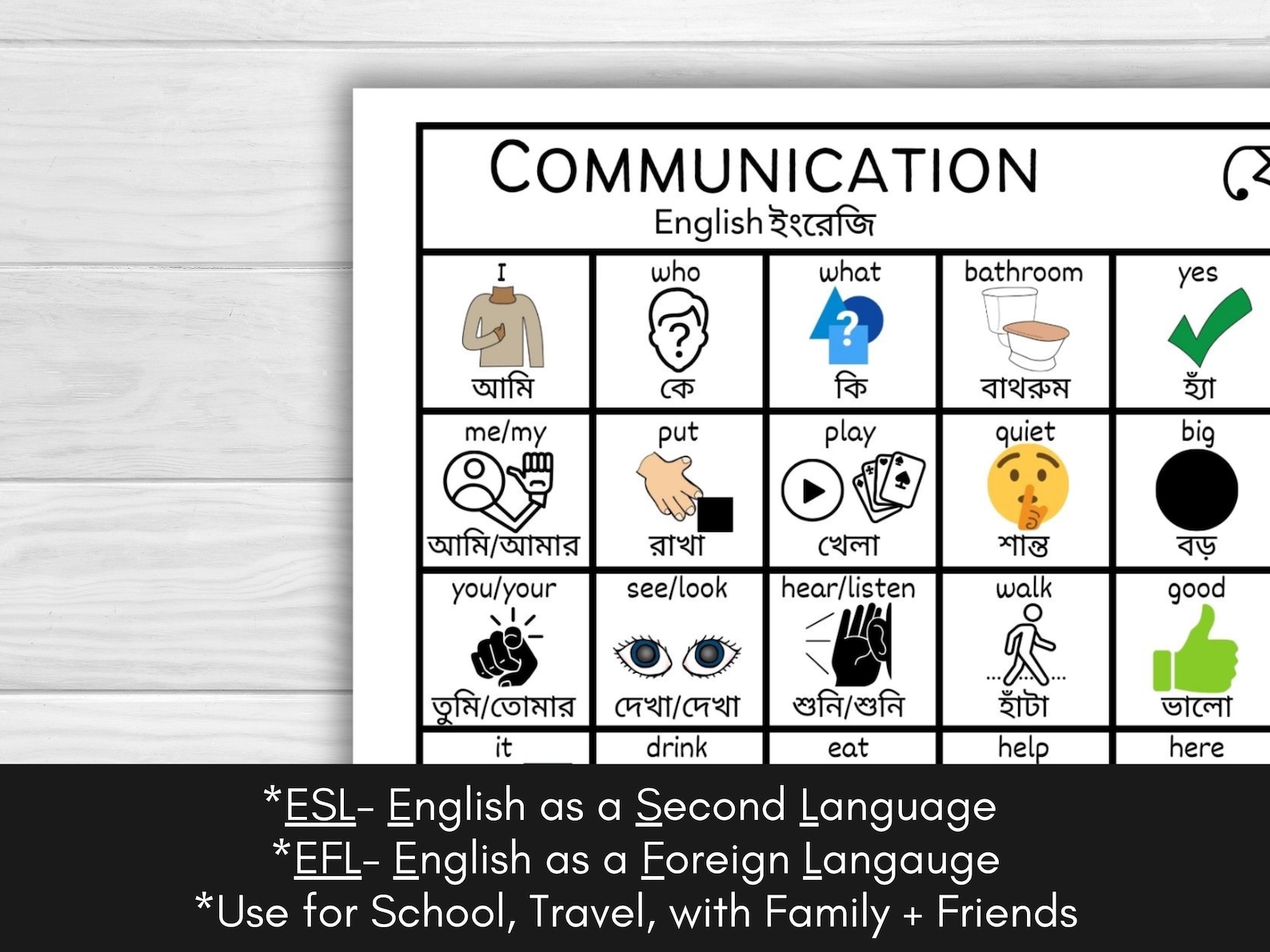 Bilingual Bengali English Communication Board: AAC, ESL (PDF Printable ...