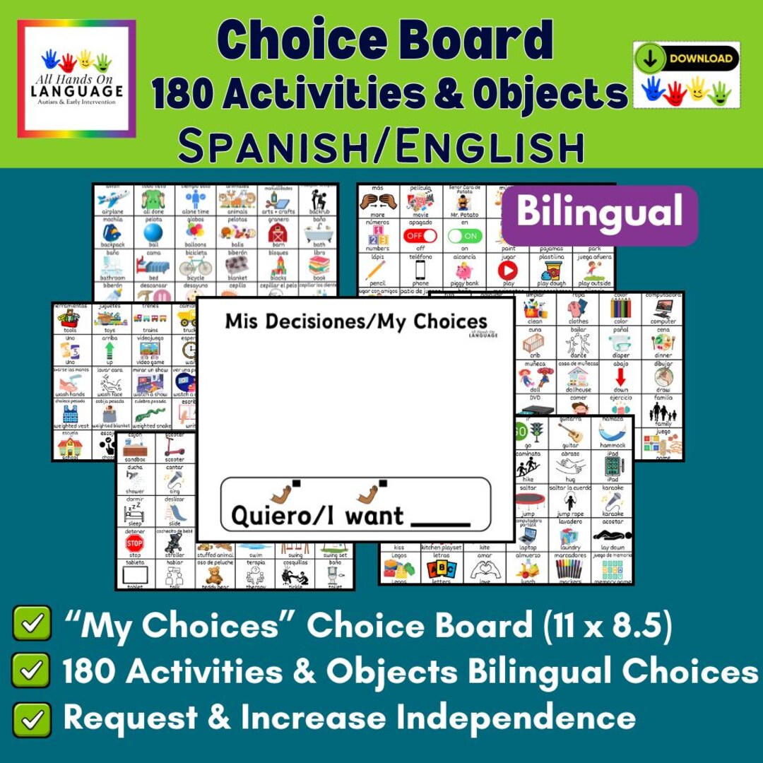 Bilingual Choice Board: 180 Spanish/english Activity & Object Cards ...