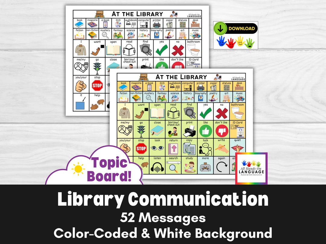 Library Communication Board-52 Messages, Color Coded + White Background ...