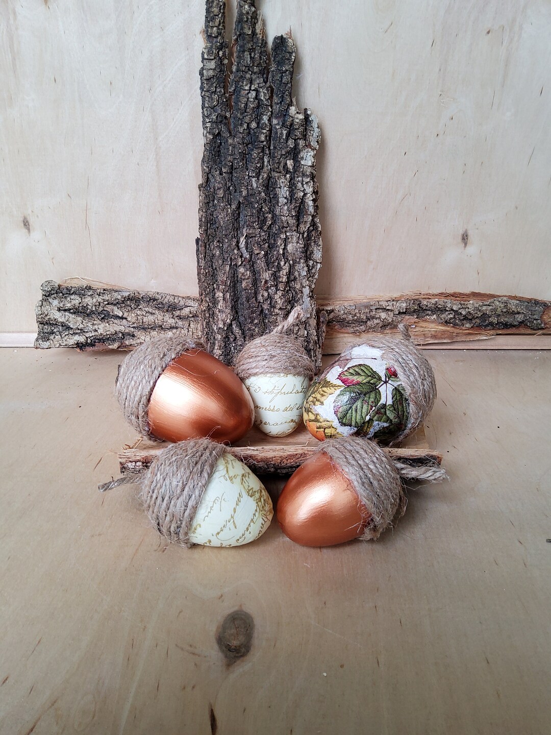 Decorative Fall Acorns Copper Set of 5 / Twine Wrapped Decorated Acorns ...