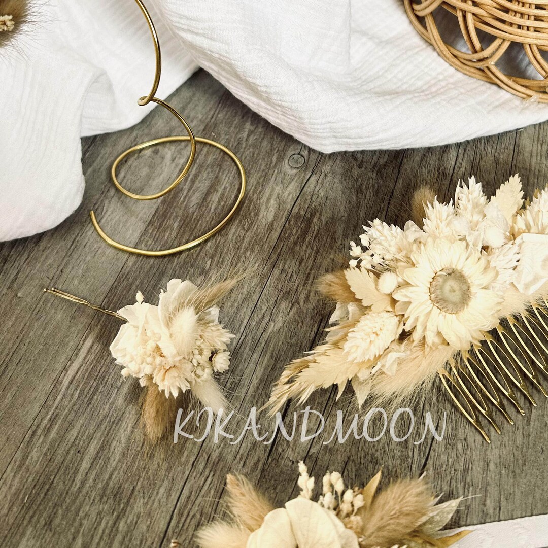 Edène Collection, Cream, White Preserved Dried Flower Comb / Pampas ...