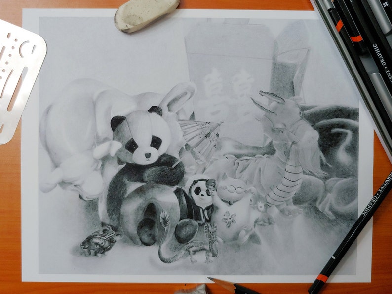 Still Life Pencil Grayscale Panda Chinese Dragon Beckoning Cat Bull ...