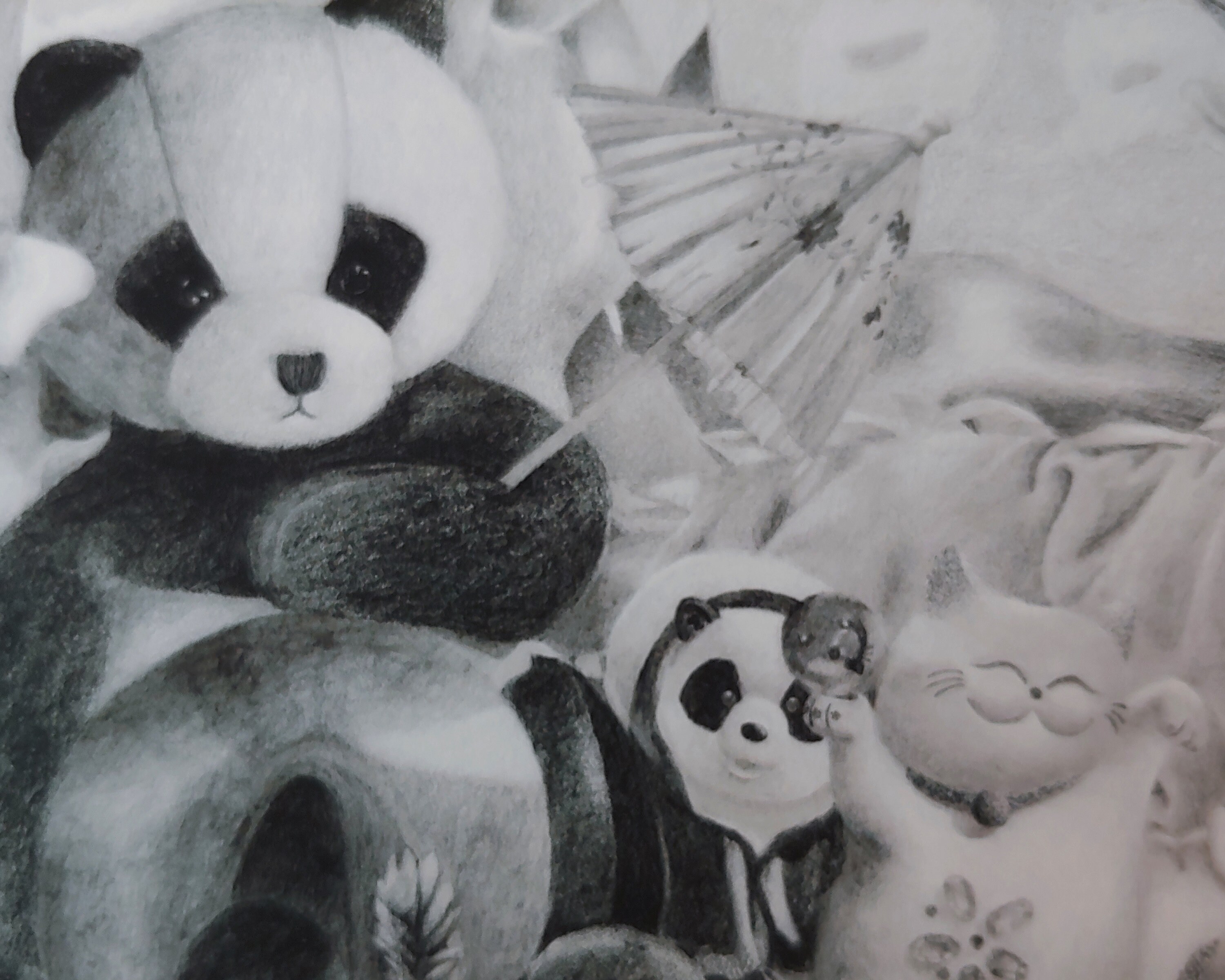 Still Life Pencil Grayscale Panda Chinese Dragon Beckoning Cat Bull ...