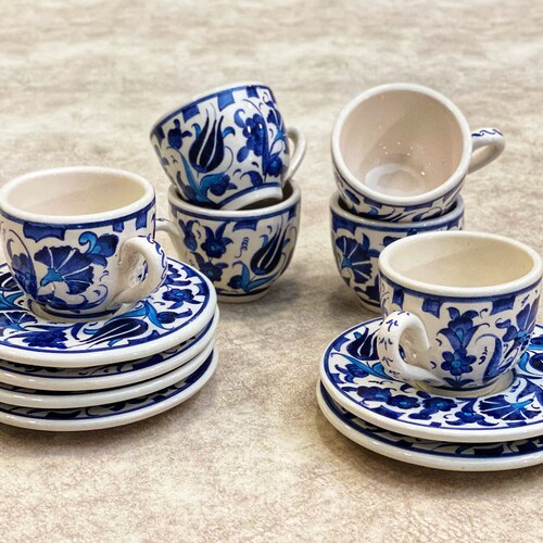 Turkish Ceramic Espresso Cups and Saucers Set With Pot - Etsy