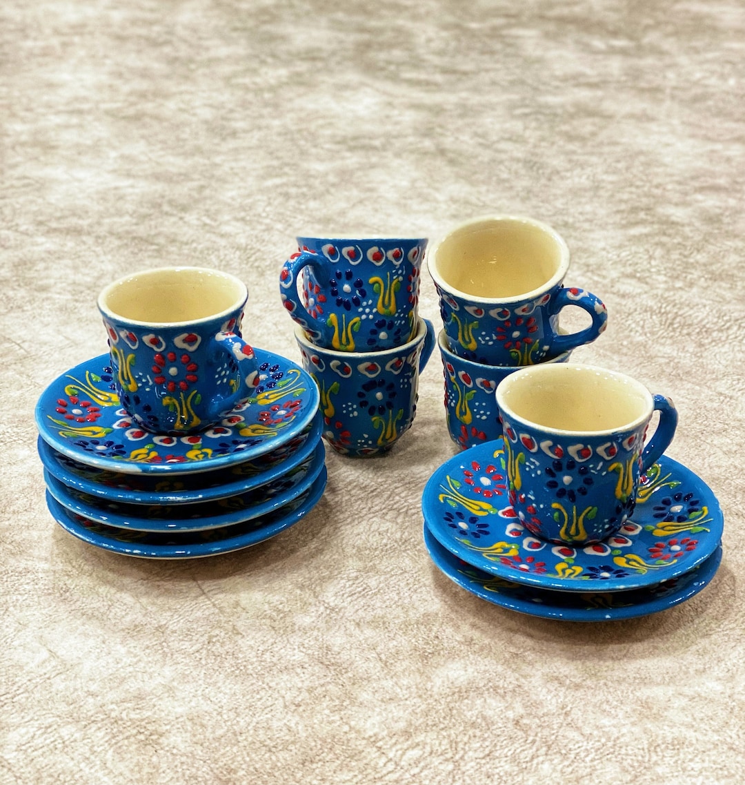 6x Handmade Turkish Ceramic Coffee Cups and Saucers Set, Turkish Coffee ...