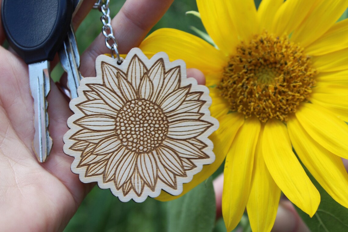 Cute Sunflower Wooden Keychain Gift for Her Cute Natural Wood | Etsy