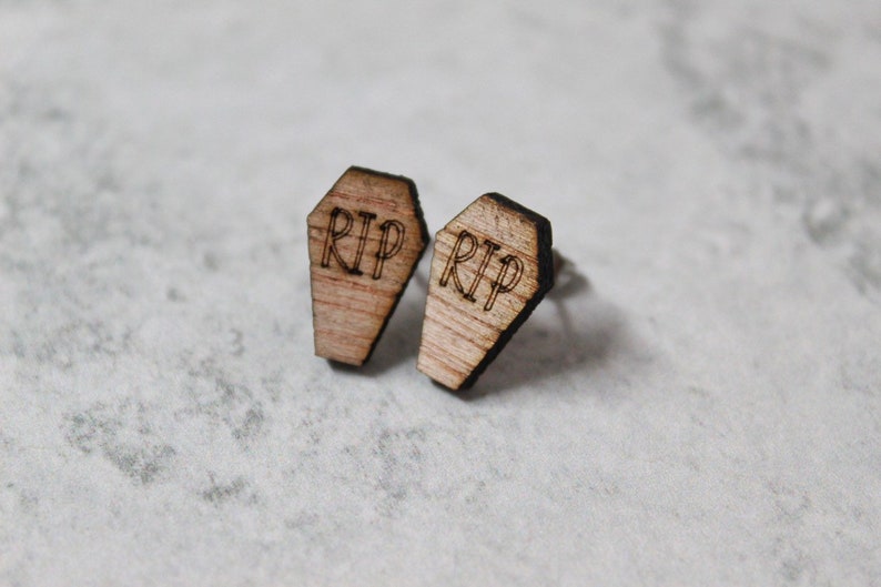 Coffin Shaped RIP Halloween Wooden Earrings Spooky Engraved | Etsy