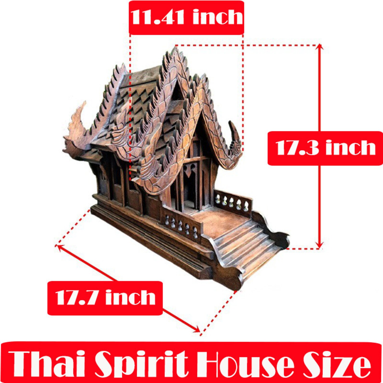 Handcrafted Teak Wood Thai Spirit House: Dark Brown Shrine (11" X 18" X ...