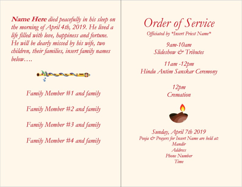 Foldable Hindu Indian Funeral Invitation, Program, Brochure Template ...