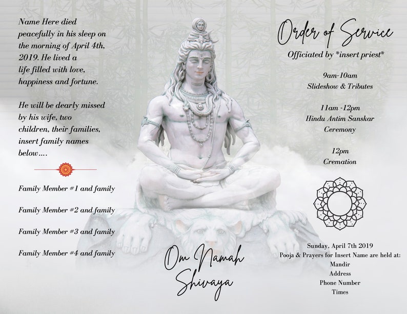 Hindu Funeral Program and Invitation Template, Easy to Use Etsy ...