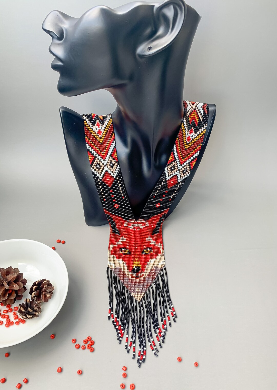 Royal Gift Idea for Her Beaded Ethnic Folk Fox Beadwork Gerdan Necklace ...